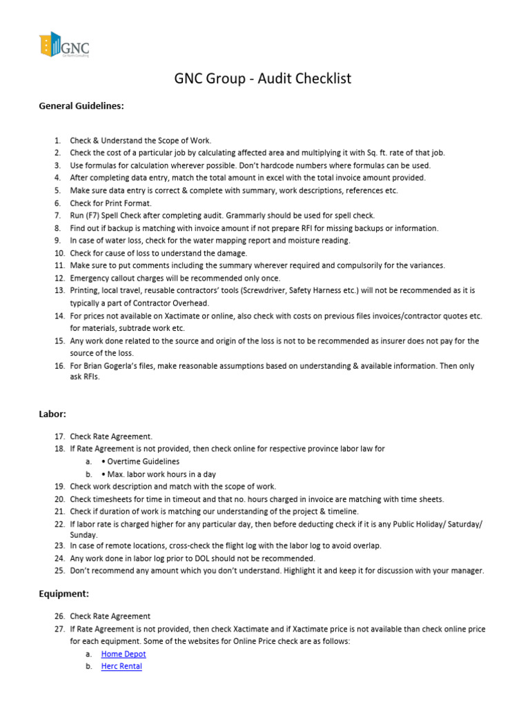 GNC Group - Audit Check List - 11th June 2024 | PDF