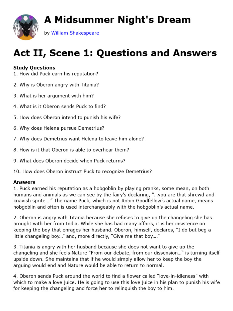 A Midsummer Night's Dream Act II, Scene 1 - Questions and Answers | PDF