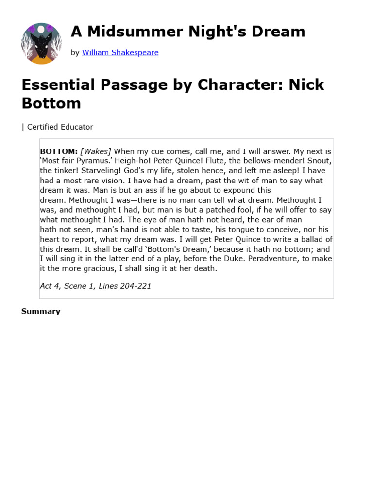 A Midsummer Night's Dream Character and Theme Quotes | PDF