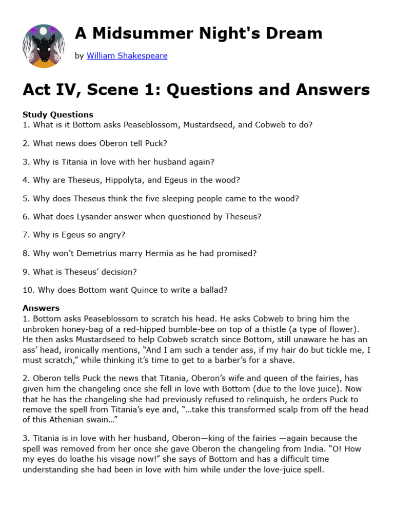 A Midsummer Night's Dream Act IV, Scene 1 - Questions and Answers | PDF