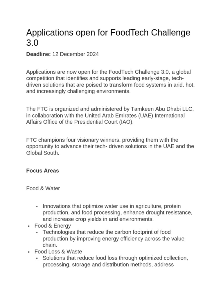 Applications Open For FoodTech Challenge 3 - 050003 | PDF