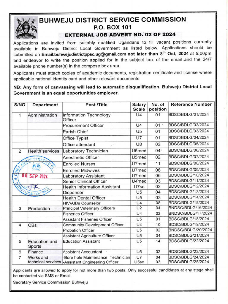 Job Advert For Buhweju District Service Commission | PDF
