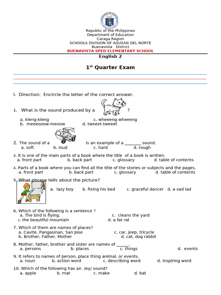 GRADE 2 ENGLISH - First Quarter Test | PDF