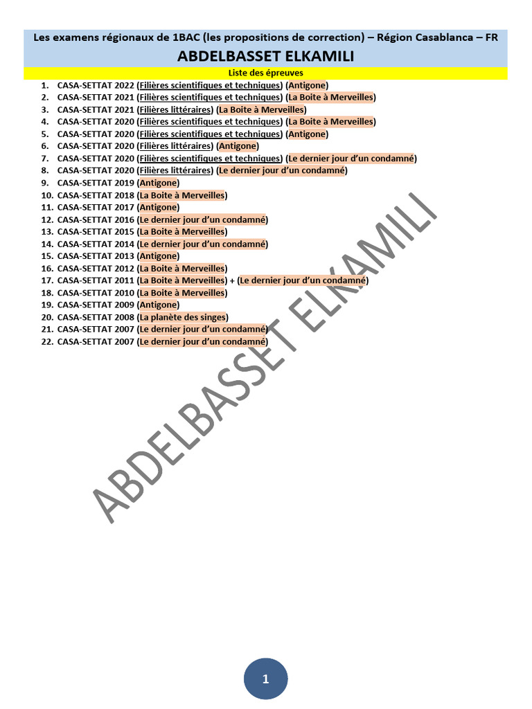 Examens Régionaux 1 BAC - Correction ABDELBASSET | PDF