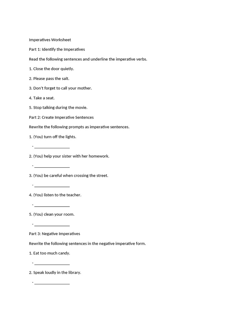 Imperatives Worksheet | PDF