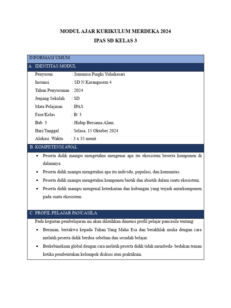 Modul Ajar Ipas Kelas 3 Template | PDF
