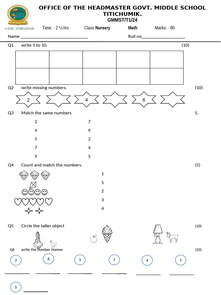 Math Nursery Question Paper | PDF