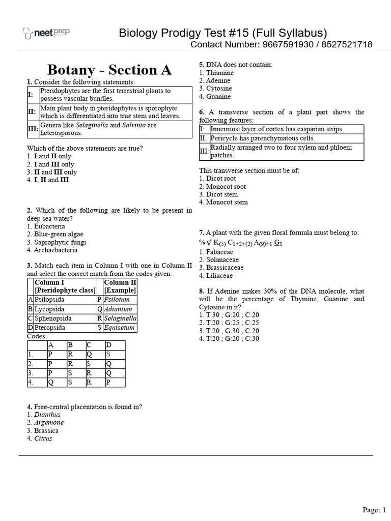 Biology Prodigy Test #15 (Full Syllabus) | PDF