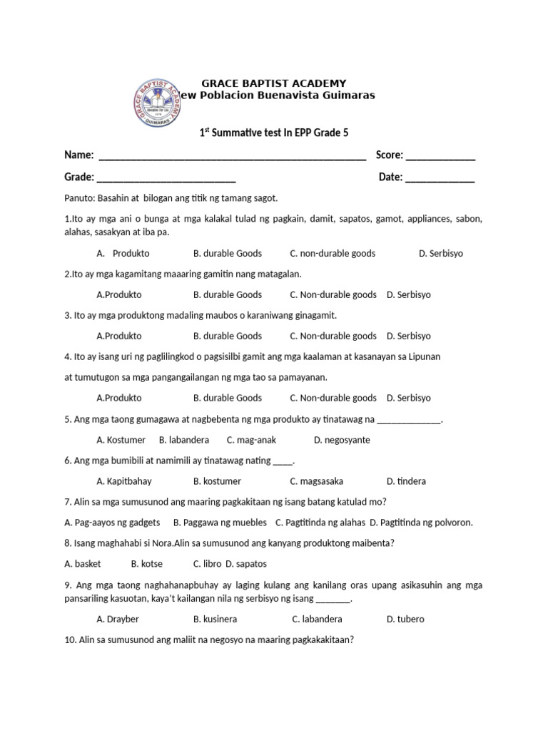 1st Summative Test Grade 5 | PDF