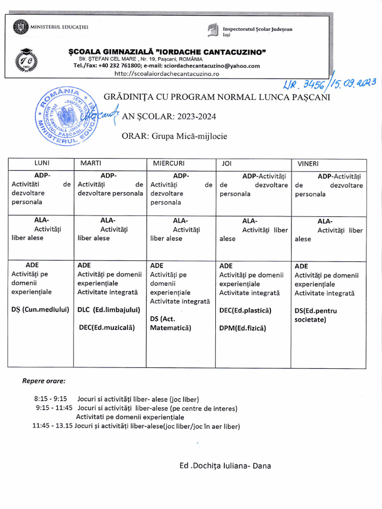Orar Prescolar 2023-2024 | PDF