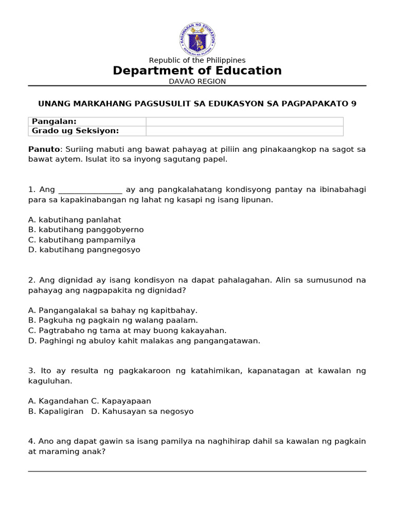 FINAL TQs - ESP9 - Q1 | PDF | Philippines | Social Science