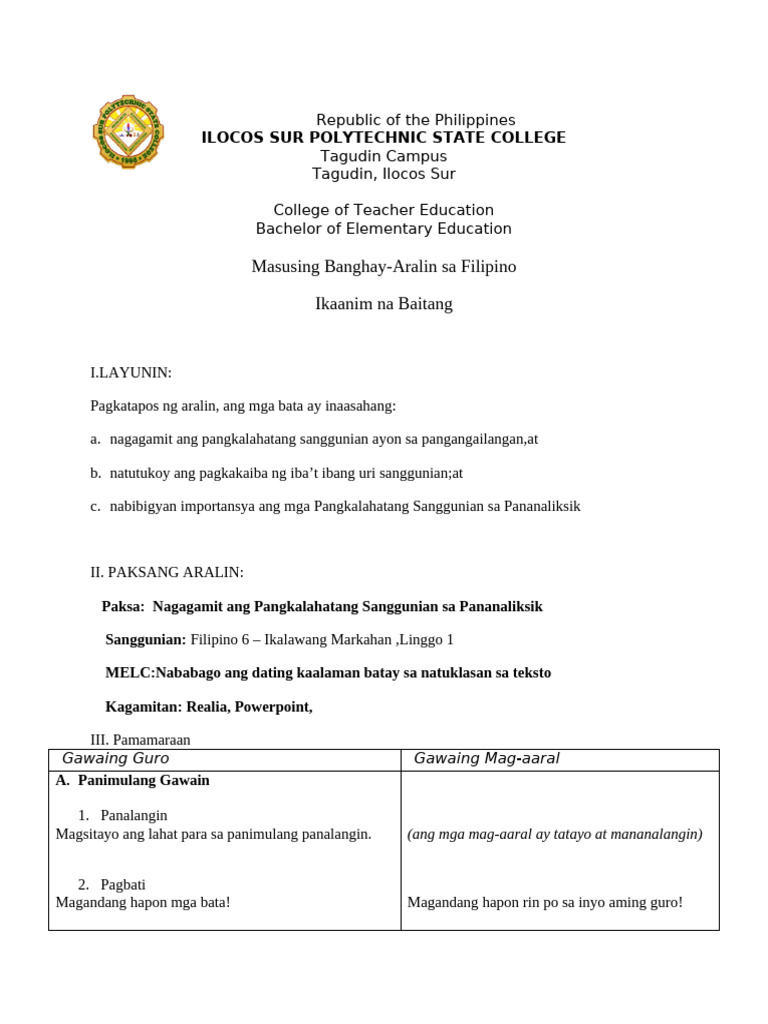 Banghay Aralin Filipino 6 | PDF