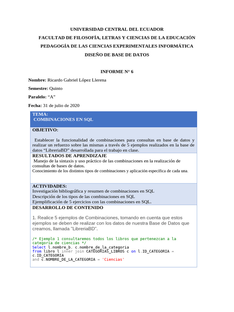 Combinaciones en Bases de Datos | PDF | SQL | Bases de datos