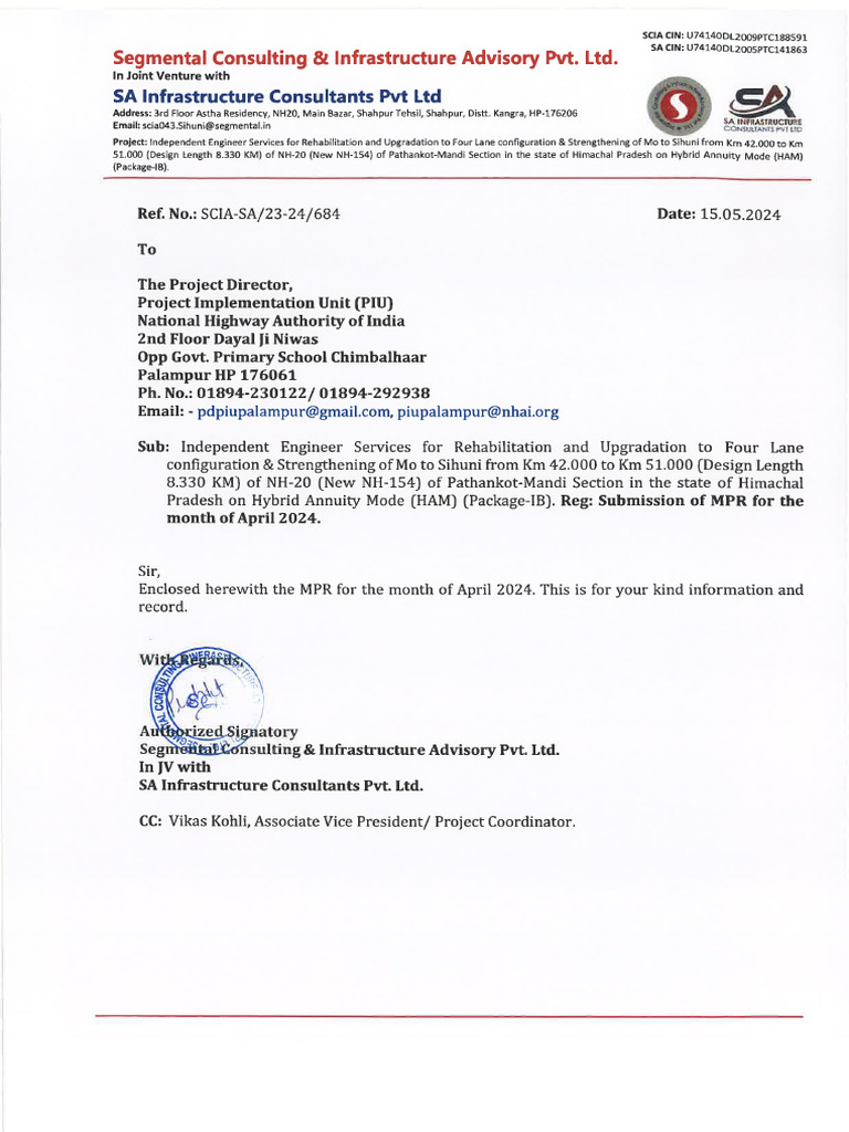 Letter No 684, Submission of MPR For The Month of April 2024. | PDF