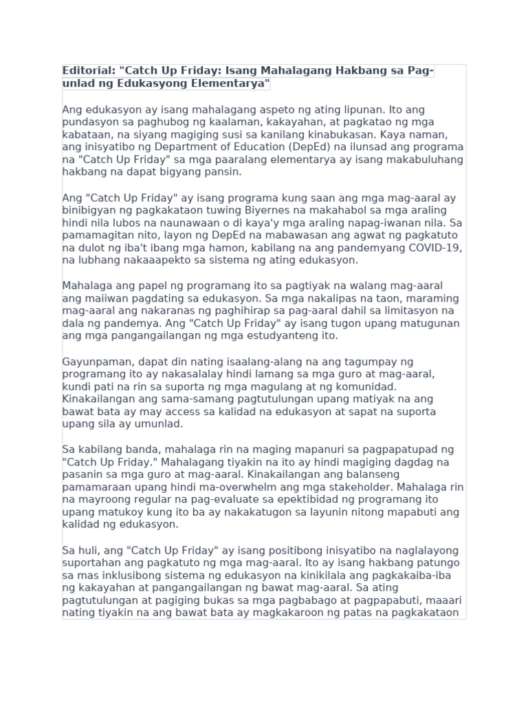 Catch Up Friday: Enhancing Elementary Education | PDF | Learning | Wellness