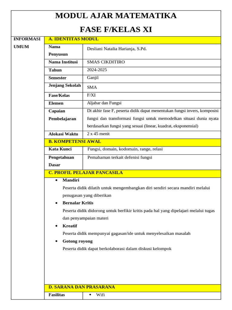 Modul Ajar Matematika Xia | PDF