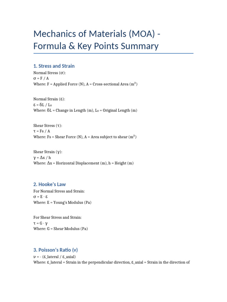 Mechanics of Materials Formula Summary | PDF