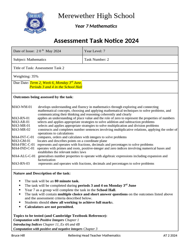 Year 7 Mathematics 2024 AT2 Assessment Notification (1) | PDF