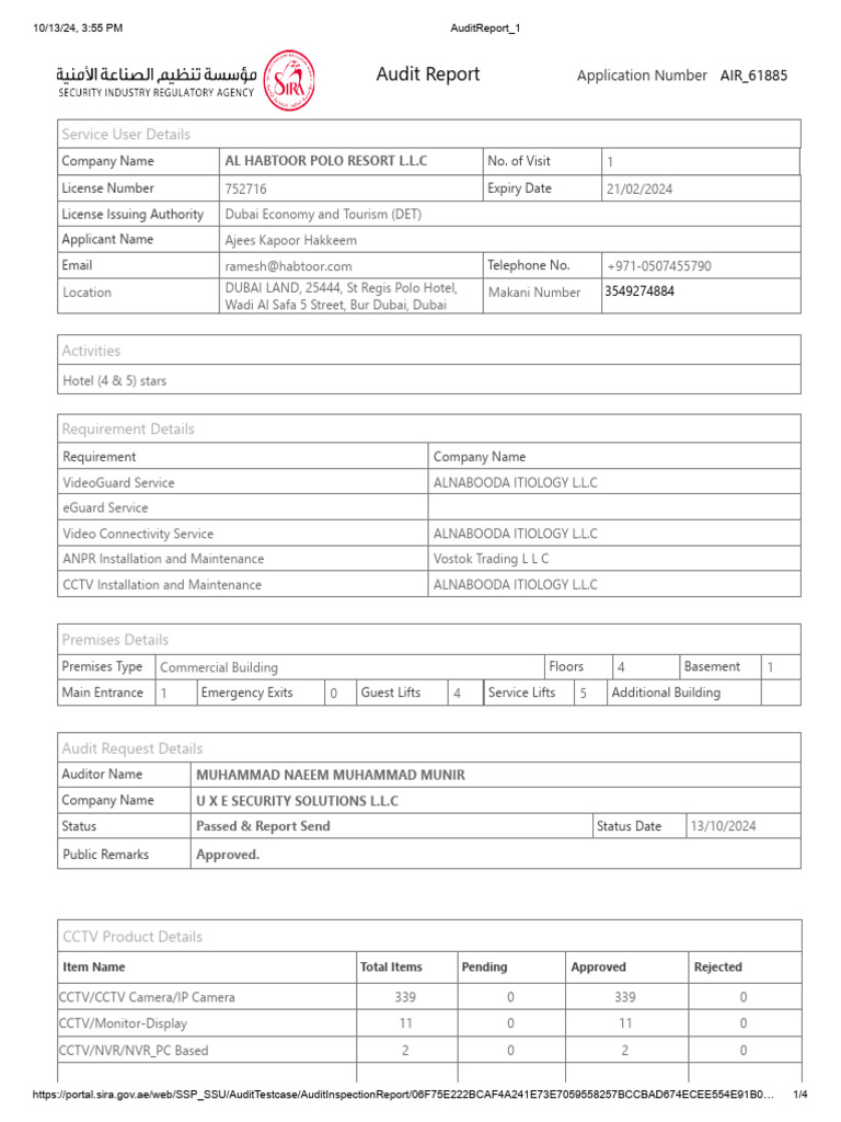 Security Industry Regulatory Agency (Audit Report) Habtoor Polo Resort ...