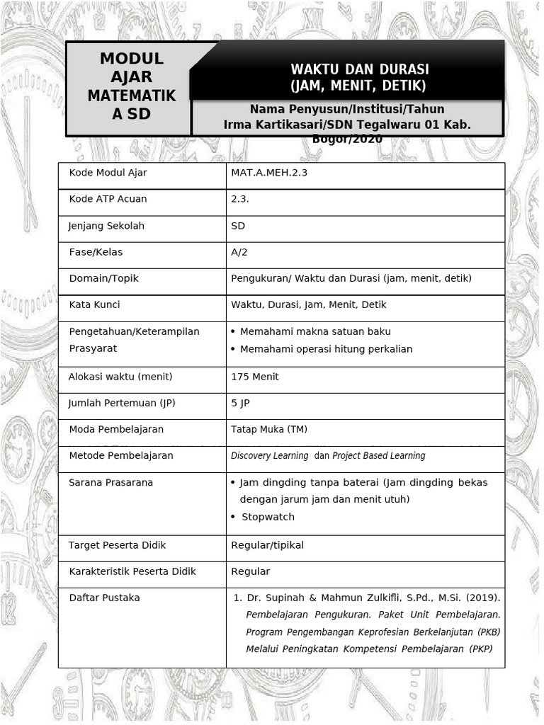 Modul Ajar Matematik ASD: Waktu Dan Durasi (Jam, Menit, Detik) | PDF