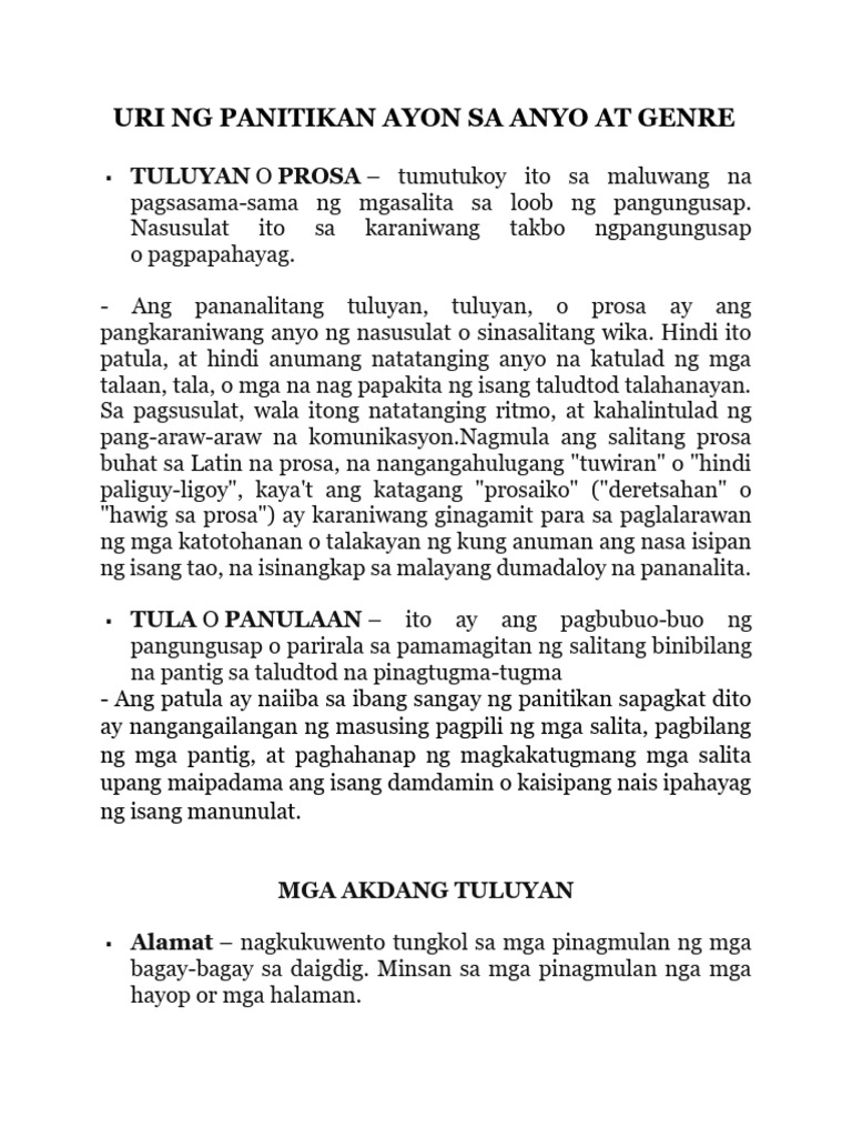 PANITIKAN-2 - Uri NG Panitikan Ayon Sa Anyo at Genre | PDF