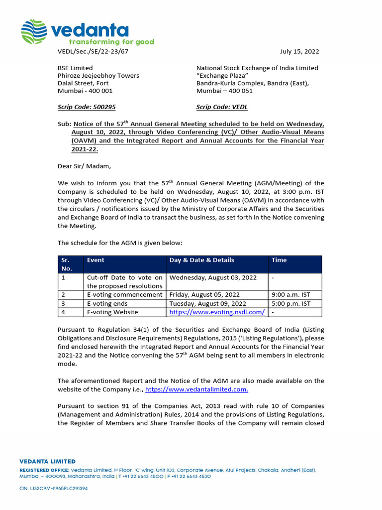 Scrip Code: 500295 Scrip Code: VEDL: Sr. No. Event Day & Date & Details ...