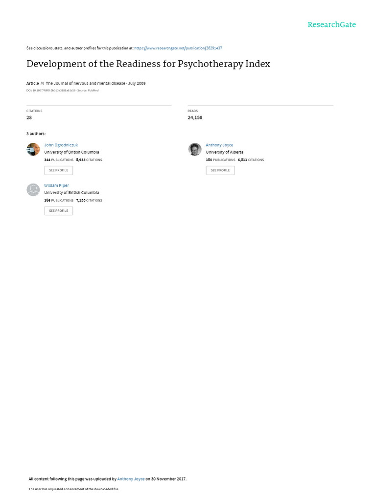 Development of The Readiness For Psychotherapy Index: The Journal of ...