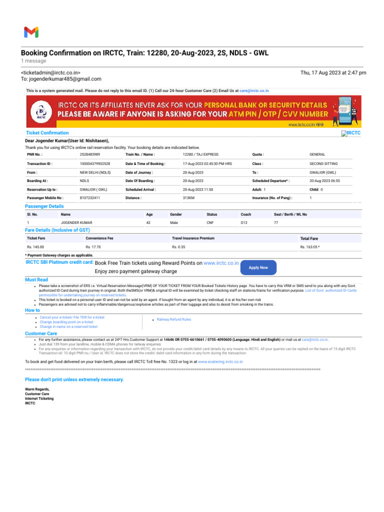Gmail - Booking Confirmation On IRCTC, Train - 12280, 20-Aug-2023, 2S, NDLS - GWL | PDF