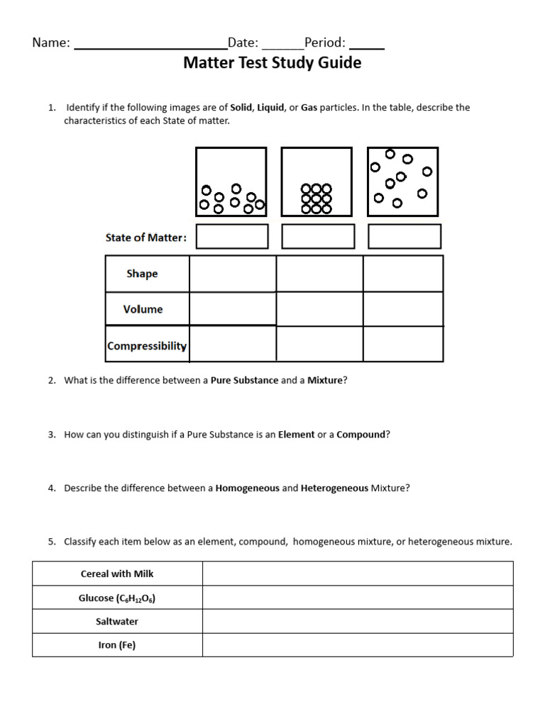 Matter Test Study Guide: Name: Date: - Period | PDF