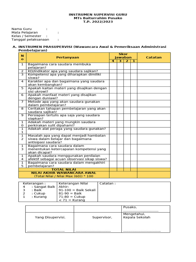 Instrumen Supervisi Guru MTS Baiturrahim Pusako | PDF