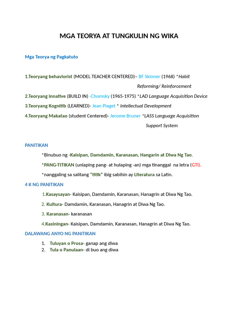 Mga Teorya at Tungkulin NG Wika | PDF