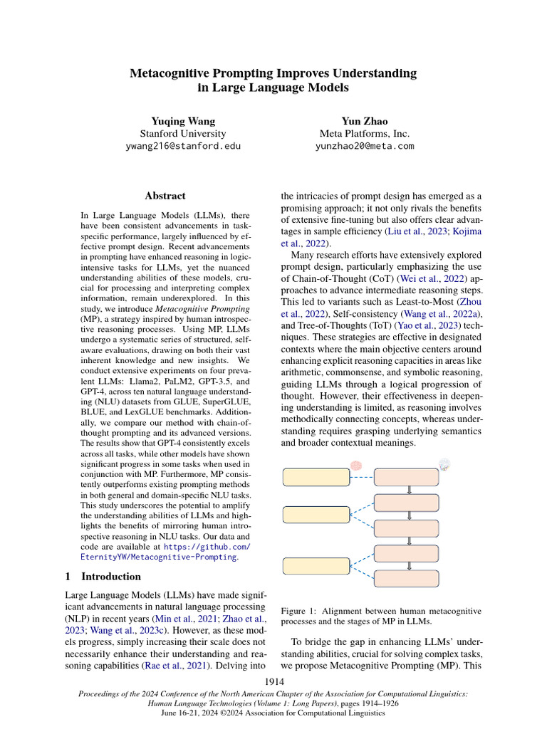 Metacognitive Prompting Improves Understanding in Large Language Models | PDF
