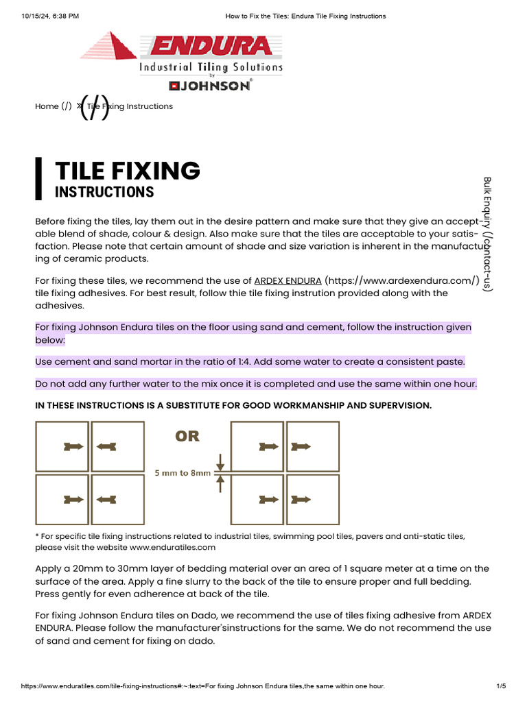 How To Fix The Tiles - Endura Tile Fixing Instructions | PDF