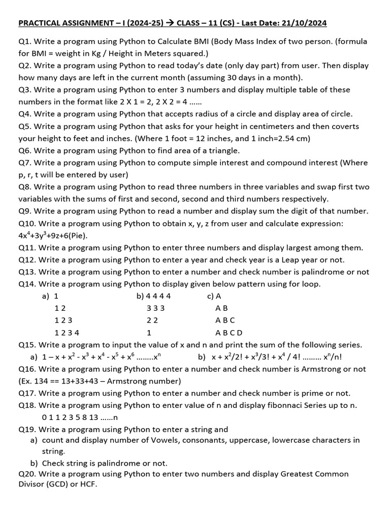 Practical Assignment - 1 - 2024 - 25 - Xi - CS | PDF