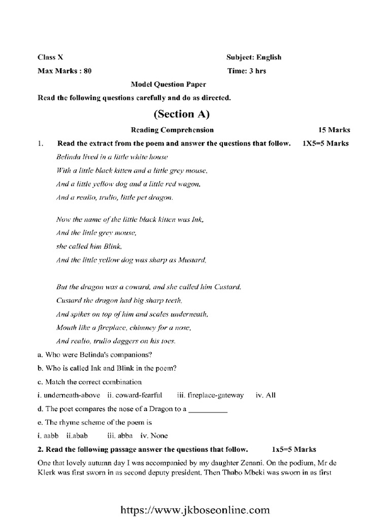 JK Bose Class 10 Model Paper English 2oct21 | PDF