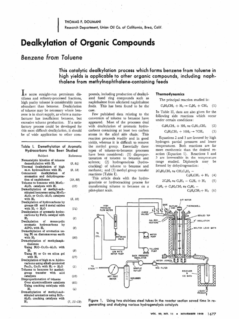 Doumani 2002 Dealkylation of Organic Compounds Benzene From Toluene | PDF