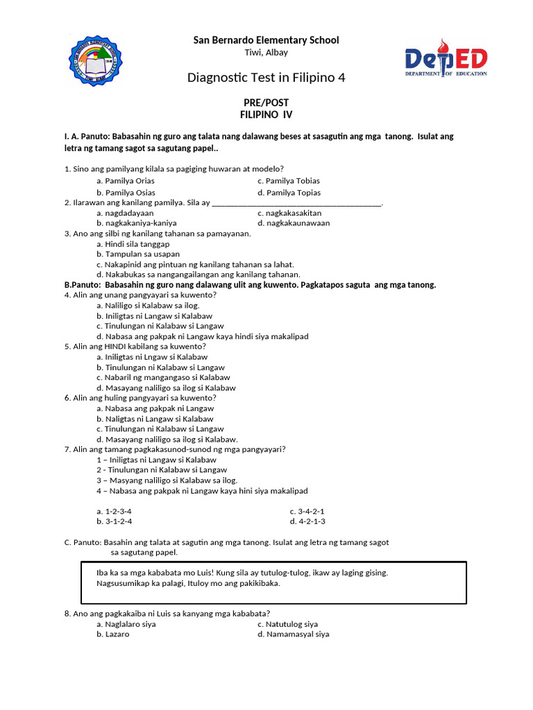 Diagnostic Test Filipino 4 | PDF