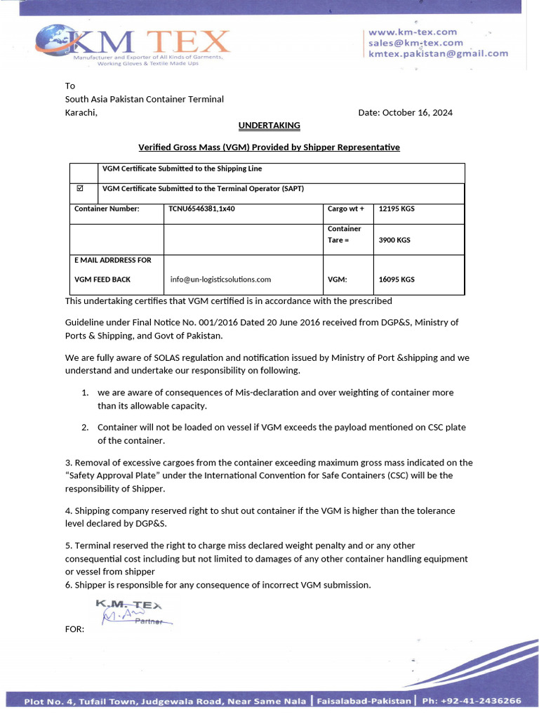 VGM Undertaking | PDF | Business
