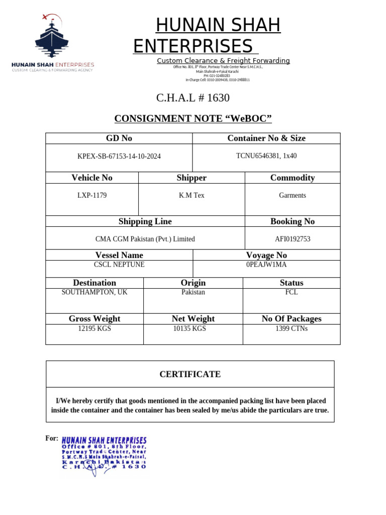 Consignment Note-K.M Tex | PDF