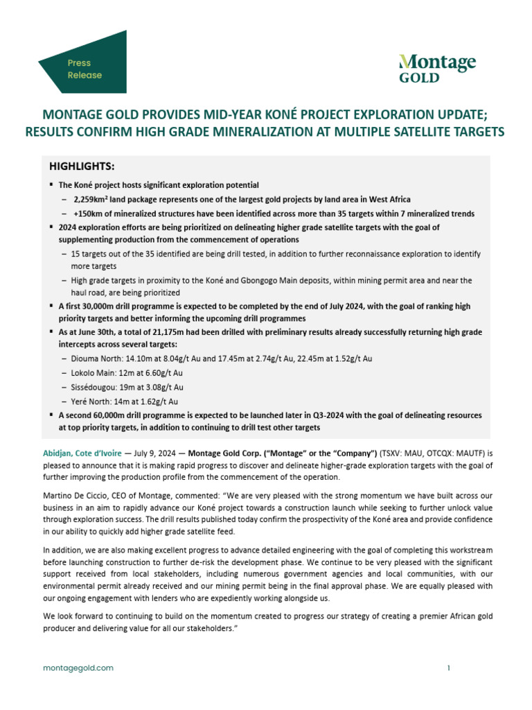 Montage Gold Provides Mid-Year Koné Project Exploration Update Results ...