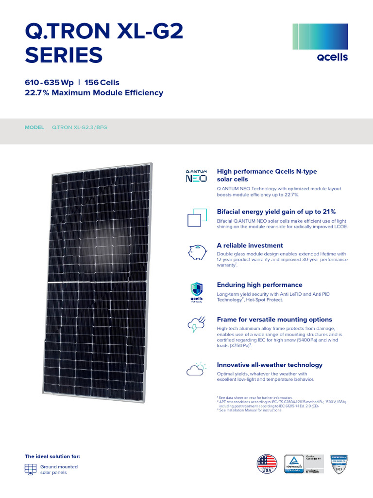 Qcells Data Sheet Q.TRON XL-G2-BFG Series 610-635 DA 2024-02 Rev03 NA | PDF | Solar Panel ...
