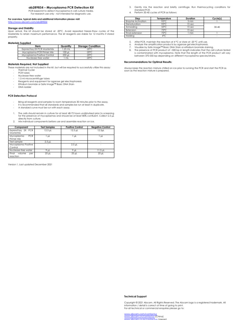 Mycoplasma PCR Detection Kit Protocol Book v1 Ab289834 (Website) | PDF