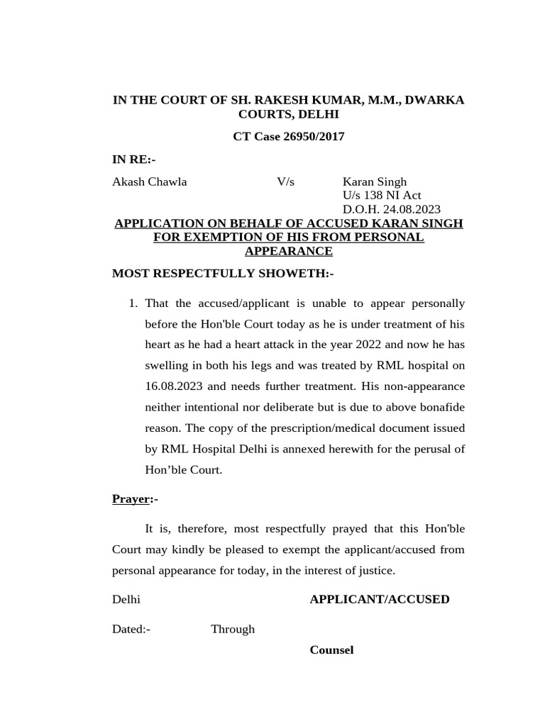Akash CHawla vs Karan SIngh exemption application | PDF
