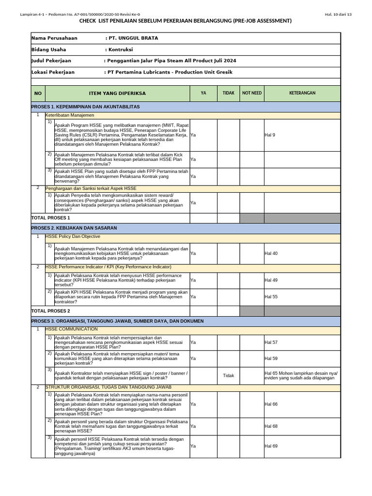 4 Form Pre Job Assessment PT UNGGUL BRATA | PDF