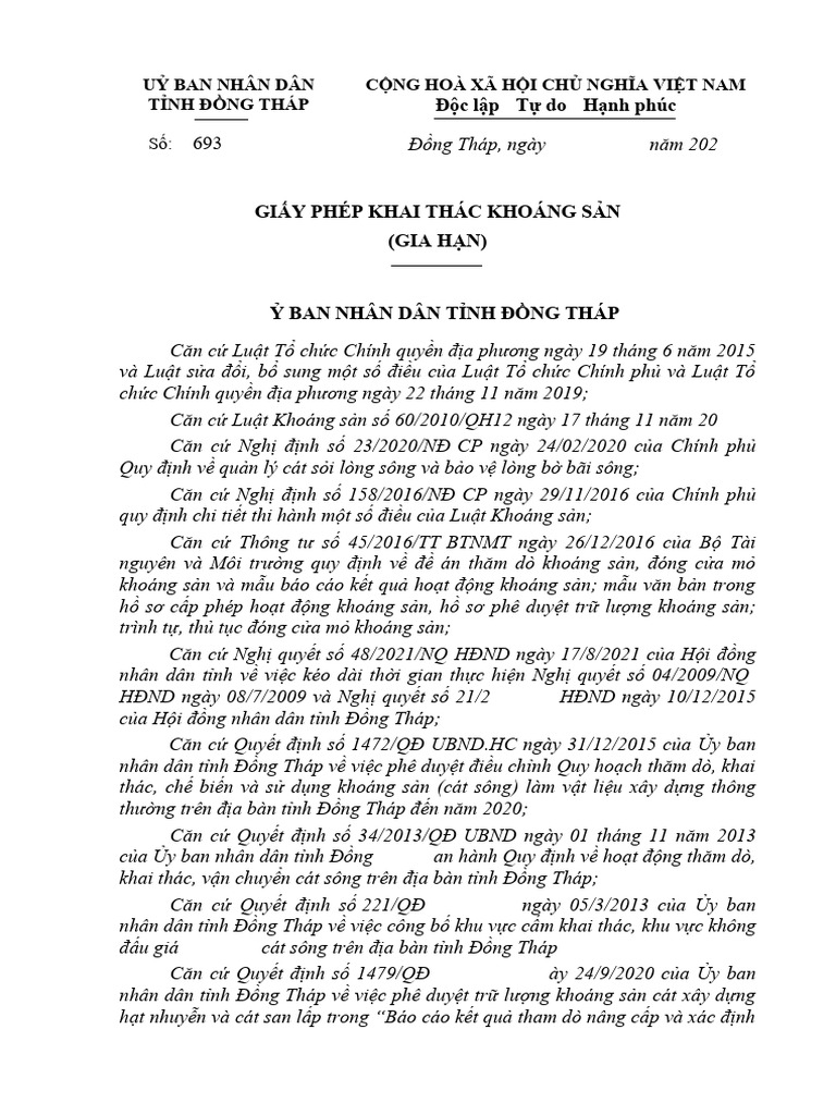 Giấy Phép Khai Thác Cát Đồng Tháp T07.22 - T07.23 | PDF