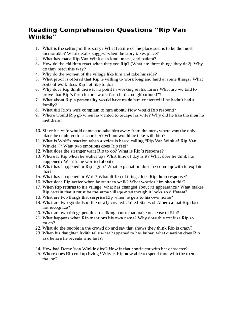 RIP Van WINKLE Study Questions | PDF