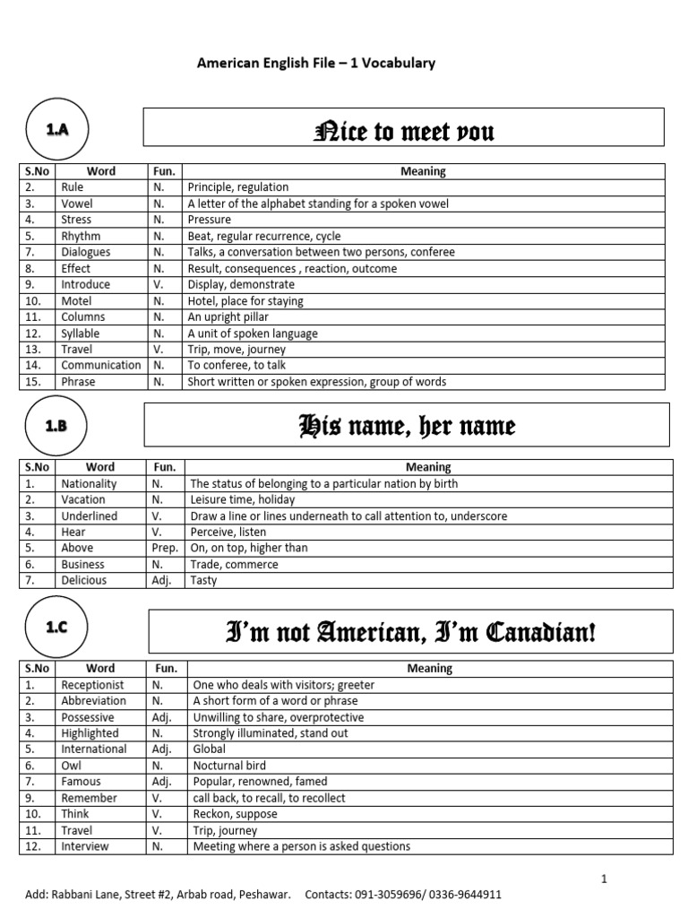 vocabulary of AEF Book-1 | PDF