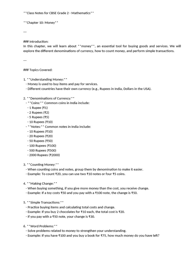 Class Notes For CBSE - Grade 2 - Maths - Chapter 10 | PDF