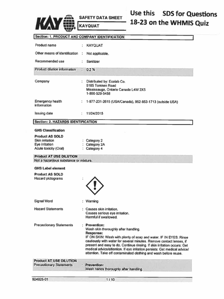 Sds For New Whmis Quiz | PDF