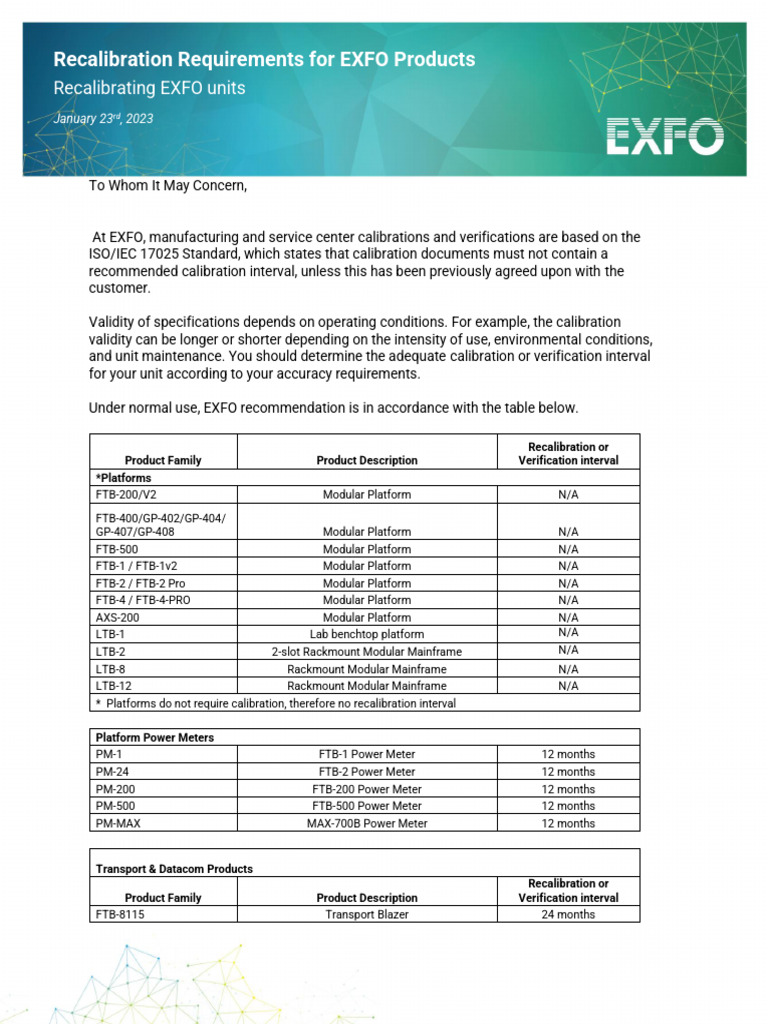 Recalibration Requirements For EXFO Products-ALL (V33) | PDF